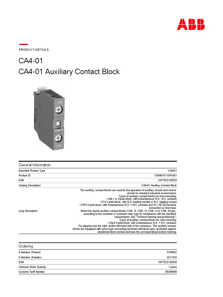 CA4-01 Auxiliary Contact Block: Product-Details | PDF | Relay | Components