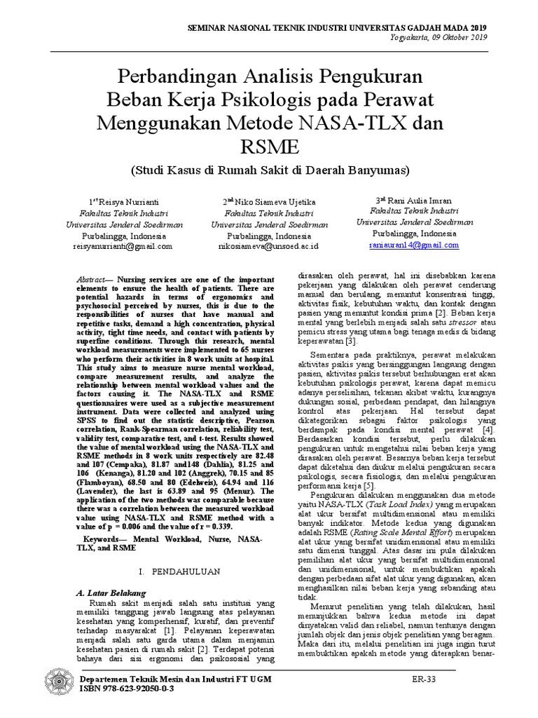 Perbandingan Analisis Pengukuran Beban Kerja Psikologis Pada Perawat Menggunakan Metode NASA-TLX ...