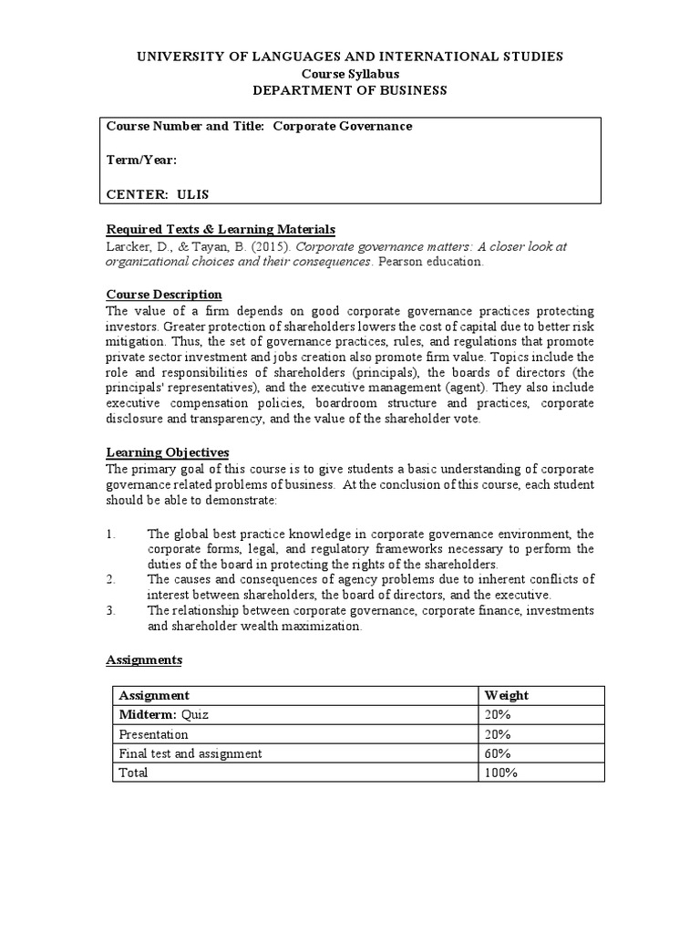 Corporate Governance Syllabus | PDF | Corporate Governance | Governance