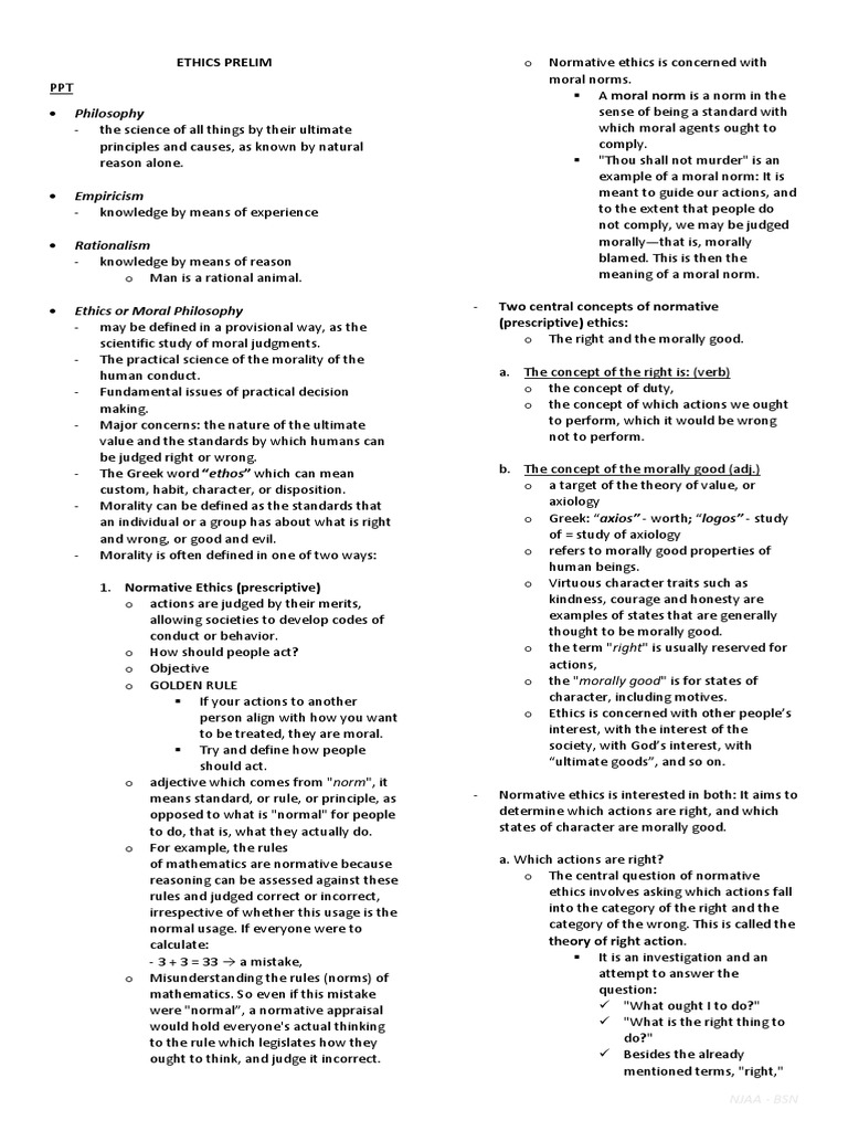 Ethics - Prelim Reviewer | PDF | Morality | Virtue