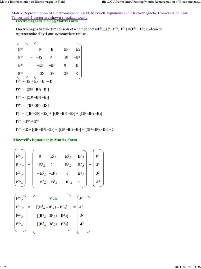 Matrix Representation of Electromagnetic Field | PDF