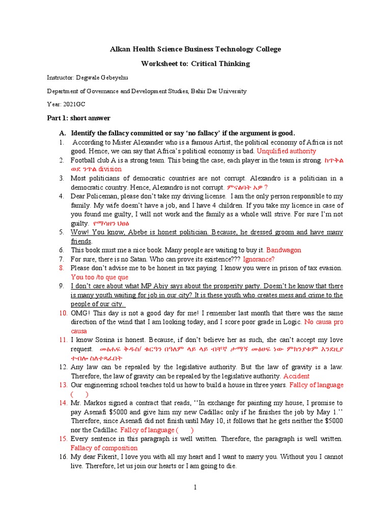 Ctitical Thinking and Logic Worksheet | PDF | Fallacy | Argument