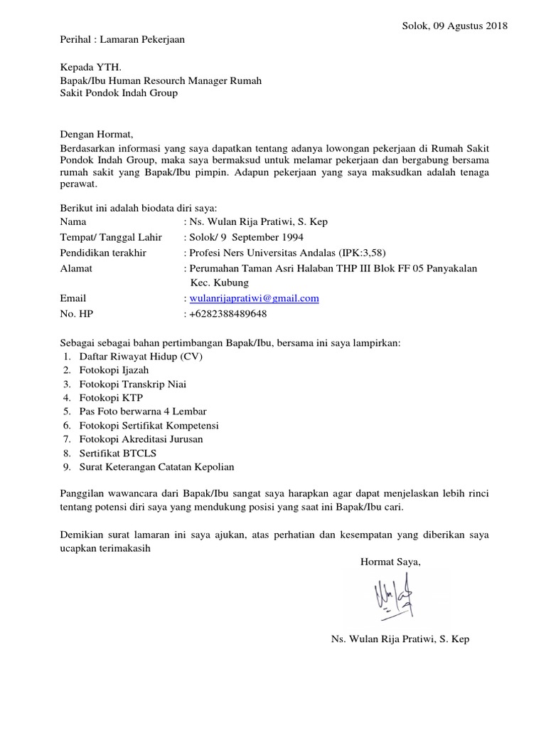 Lamaran Kerja Perawat RSPI | PDF