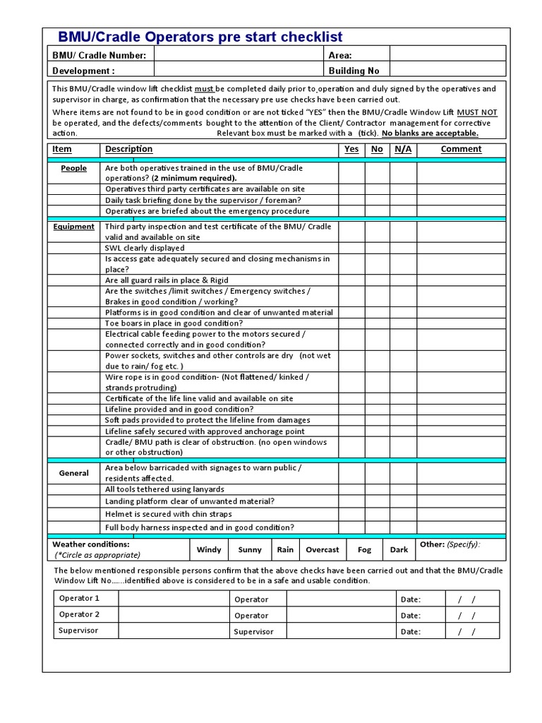 5 - BMU Window Cradle Inspection Checklist | PDF | Manufactured Goods ...