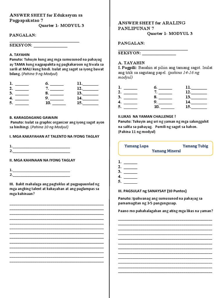 Answer Sheet For Esp-AP q1-m3 | PDF