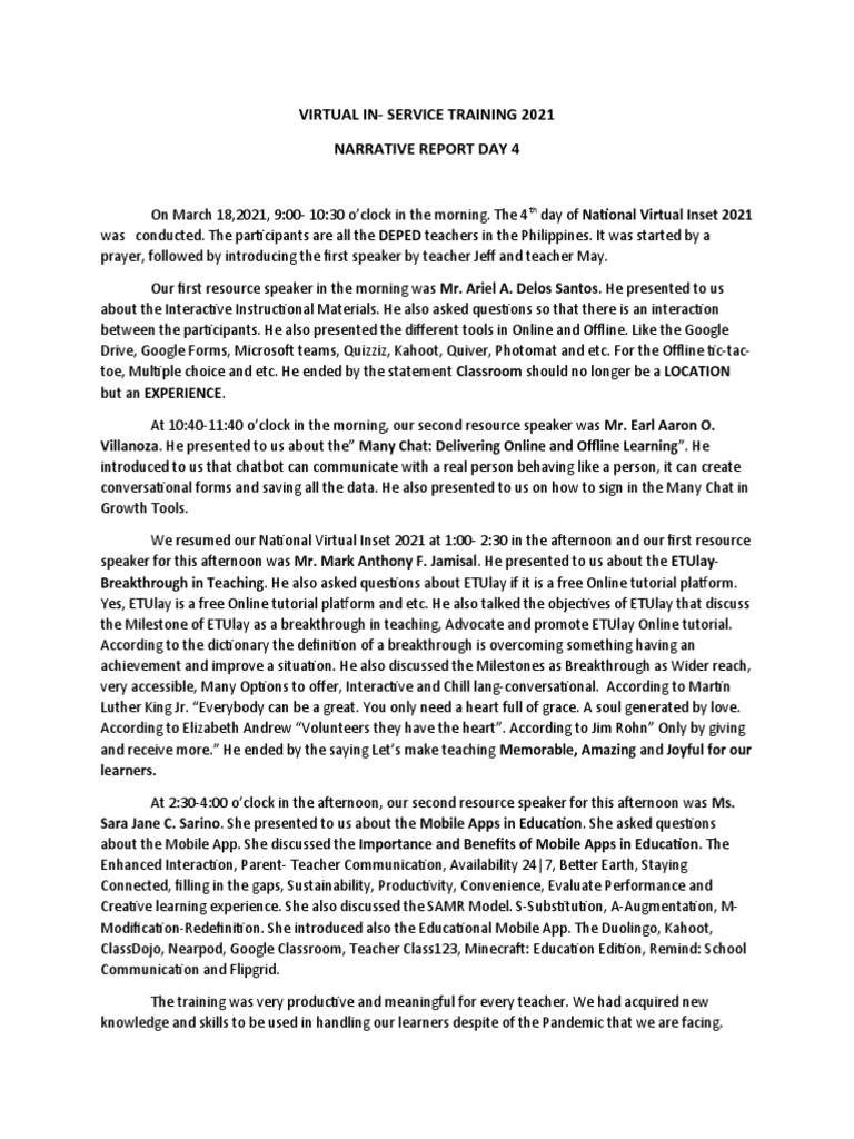 Narrative Report Inset Day 4 (Eman-Pamiroyan) | PDF | Learning | Teaching