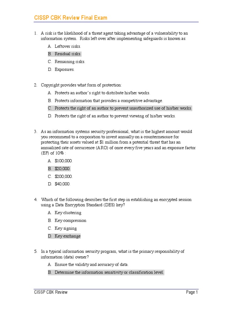 CISSP CBK Review Final Exam | PDF | Information Security | Vulnerability (Computing)