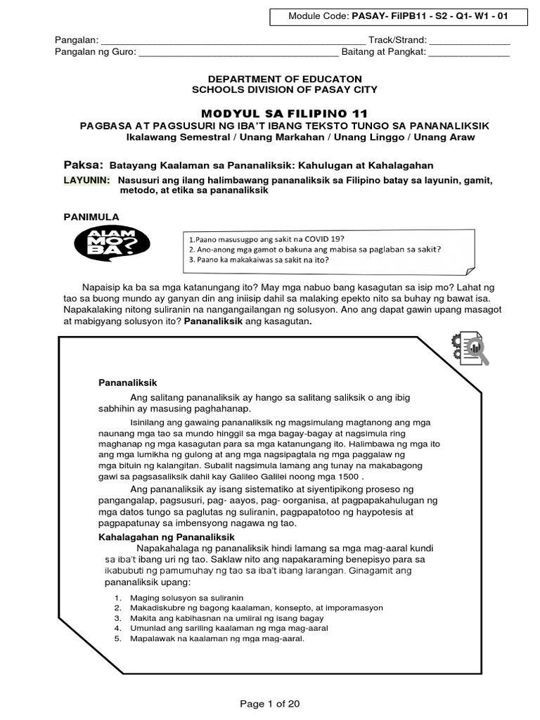 02 HUMMS 11 PASAY Filipino Pagbasa at Pagsusuri S2 Q1 W1 | PDF