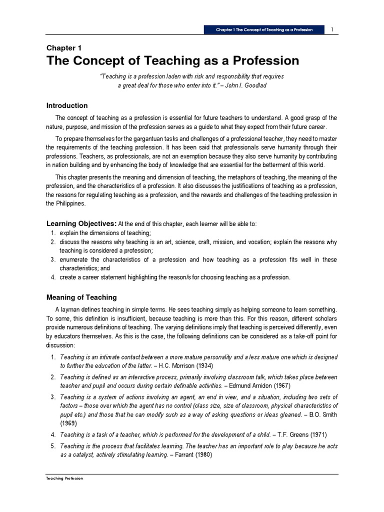 Chapter 1 The Concept of Teaching As A Profession | PDF | Teachers ...