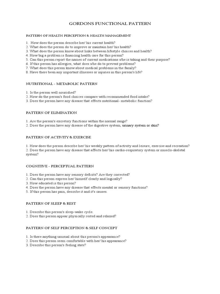 Gordon's Functional Health Patterns Guide | PDF | Perception ...