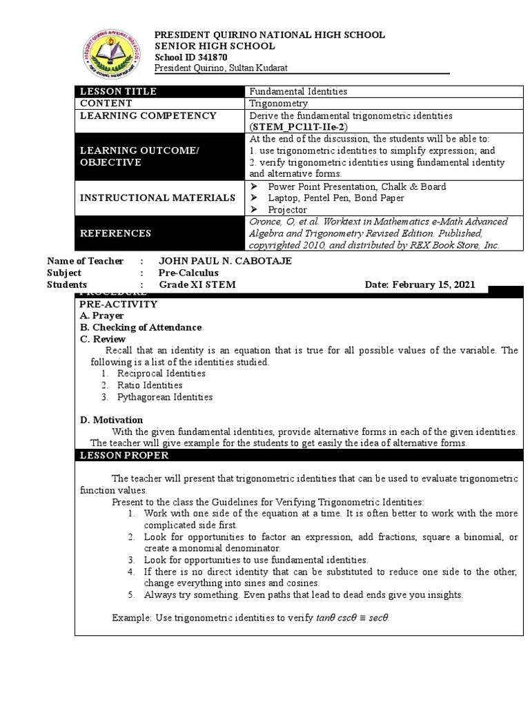 4a's Lesson Plan | PDF | Trigonometric Functions | Sine