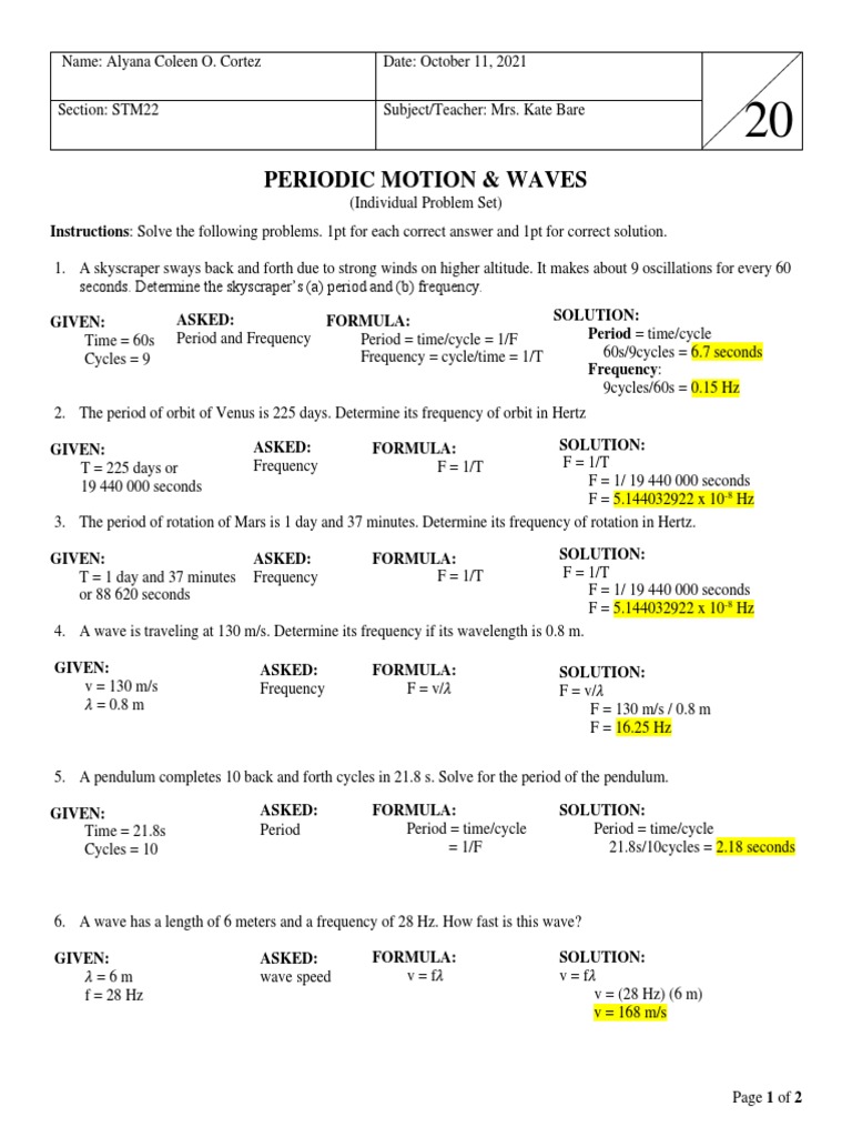 Cortez-STM22 Waves Problem Set | PDF | Frequency | Hertz