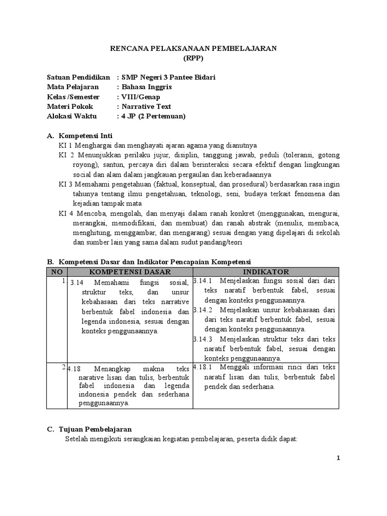 RPP Bahasa Inggris Kelas VIII Narrative Text K13 | PDF