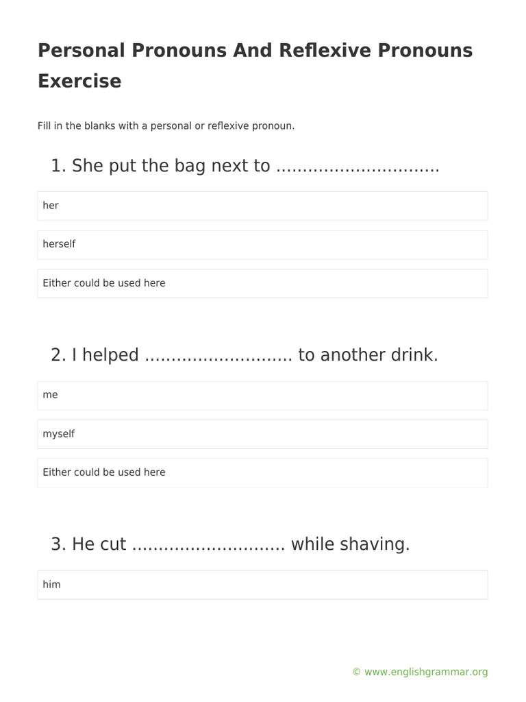 Personal Pronouns and Reflexive Pronouns Exercise | PDF