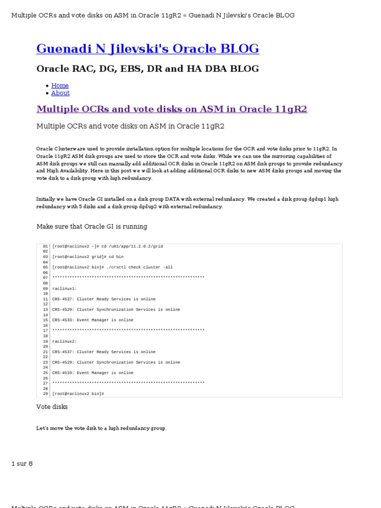 Oracle 11gR2: Manage OCR and Vote Disks on ASM | PDF | Oracle Database | Oracle Corporation