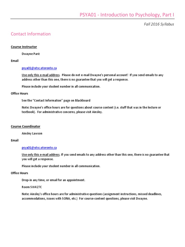 Syllabus PSYA01 UTSC | Download Free PDF | Test (Assessment) | Lecture