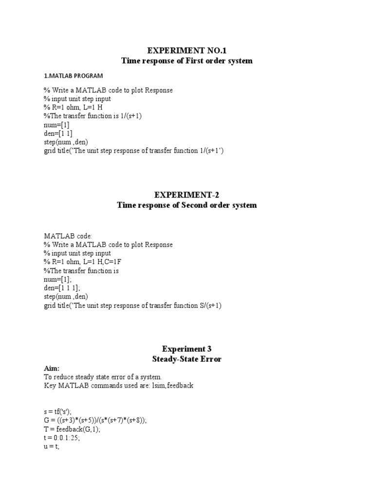 Experiment No.1 Time Response of First Order System: 1.matlab Program | PDF | Computing ...