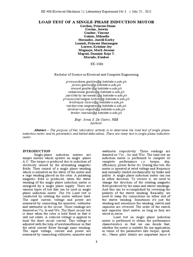 Load Test of A Single-Phase Induction Motor | PDF | Electric Motor ...