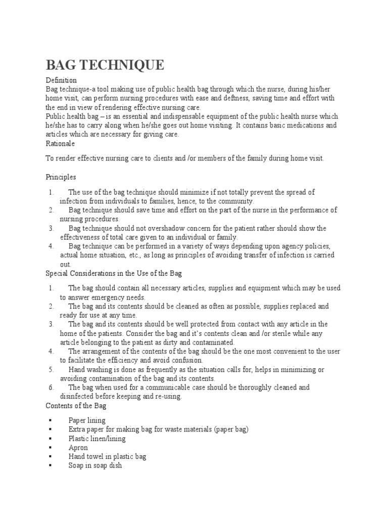 Checklist-Bag Technique | PDF | Hand Washing | Patient