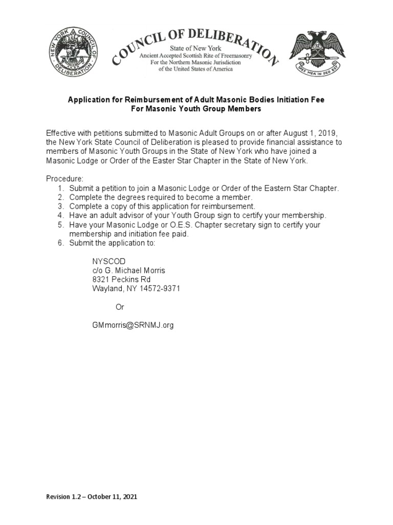 Nyscod Adult Masonic Group Initiation Fee Reimbursement Application ...