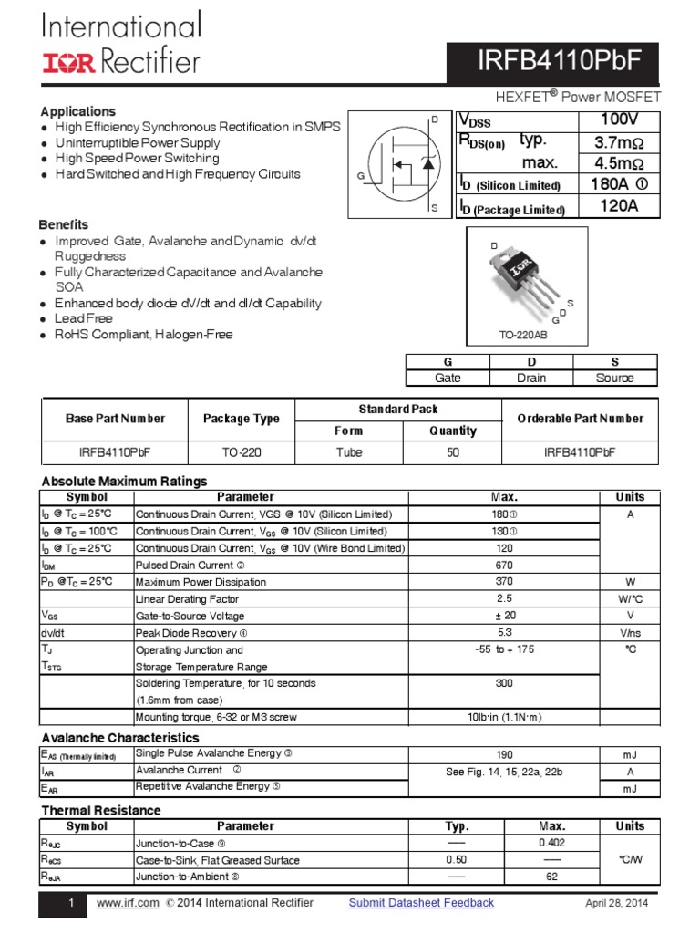 Infineon IRFB4110 DataSheet v01 01 En-1732544 | PDF | Diode | Computer ...