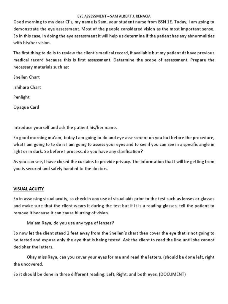 Eye Assessment - Script | PDF | Eye | Ophthalmology