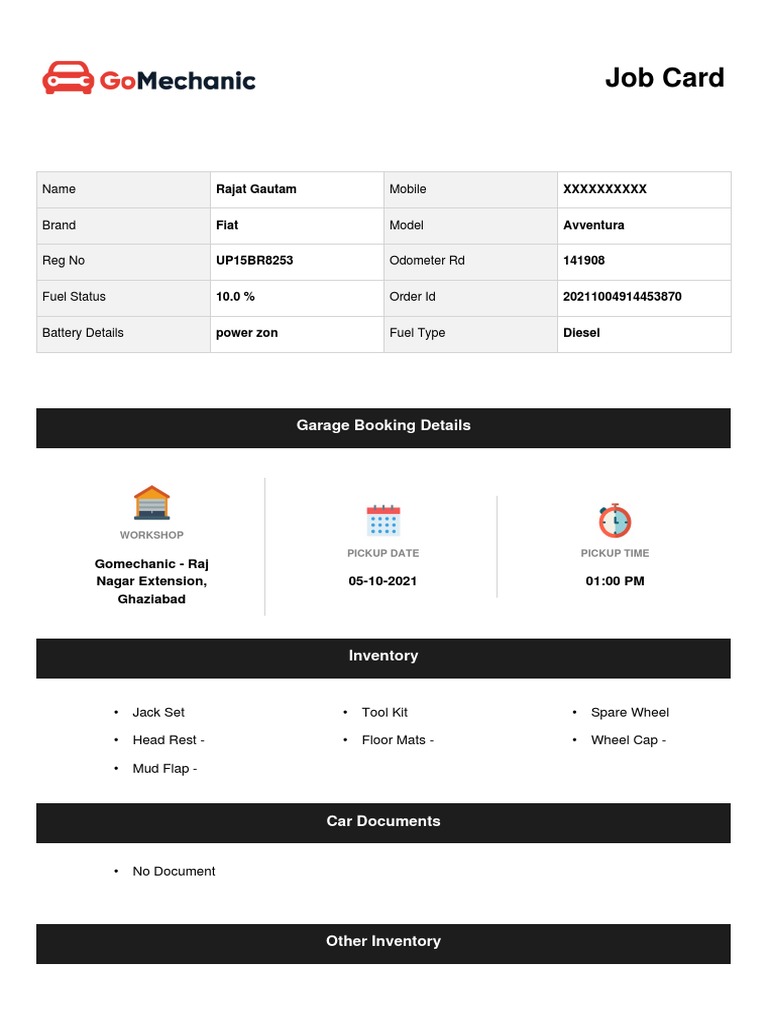 Job Card: Garage Booking Details | PDF | Damages | Vehicles