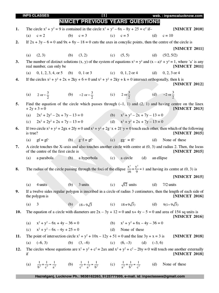 NIMCET Previous Years Questions | PDF | Circle | Ellipse