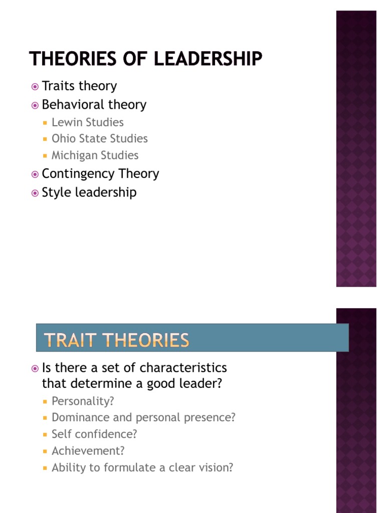 Traits Theory Behavioral Theory: Lewin Studies Ohio State Studies ...