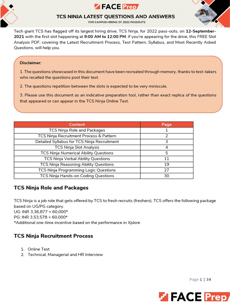 Face Prep TCS-Ninja Slot Analysis 12th Sep 2021 Slot 1 | PDF | Mental Disorder | Integer ...
