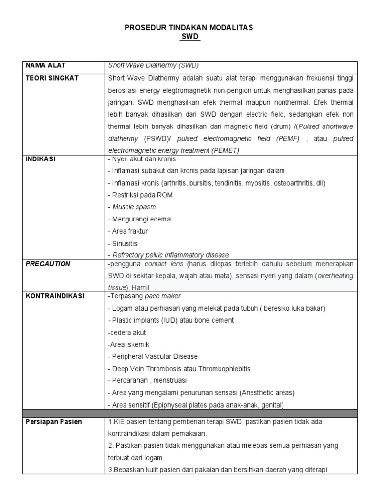 Prosedur Terapi SWD untuk Fisioterapi | PDF