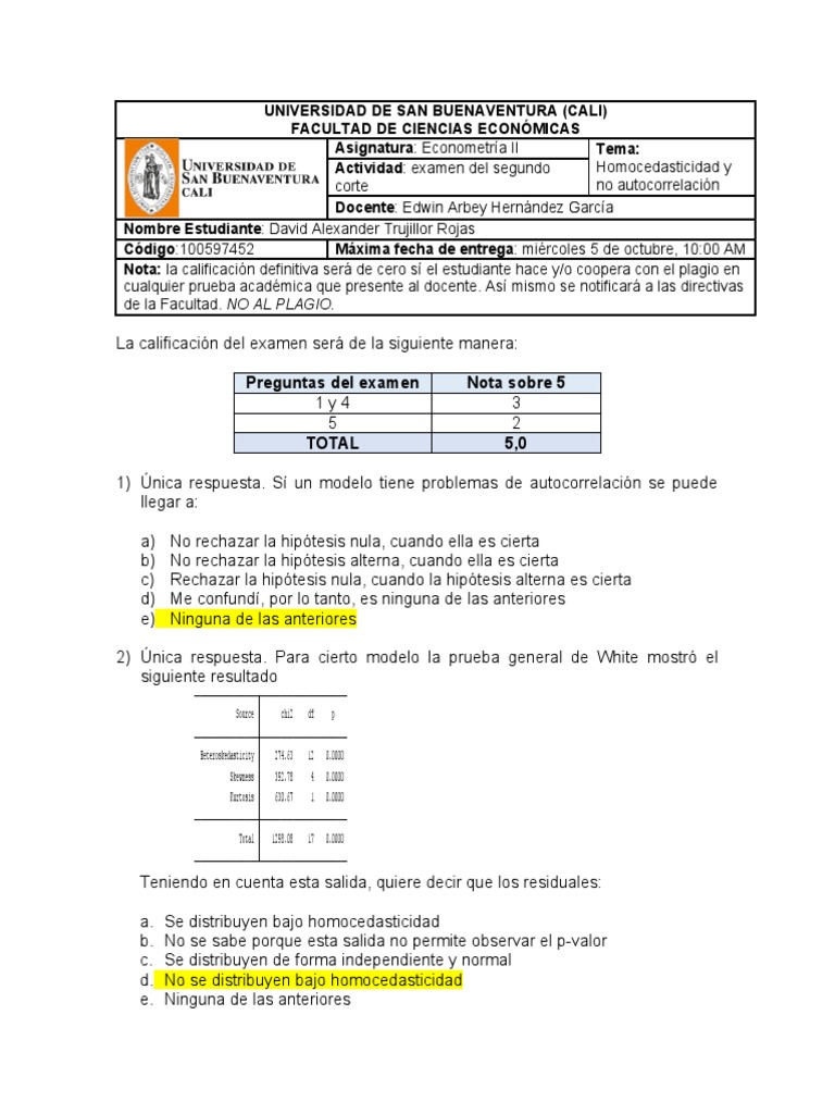 USB - Econometría II - Examen Corte 2 | PDF | Prueba (evaluación) | Análisis estadístico