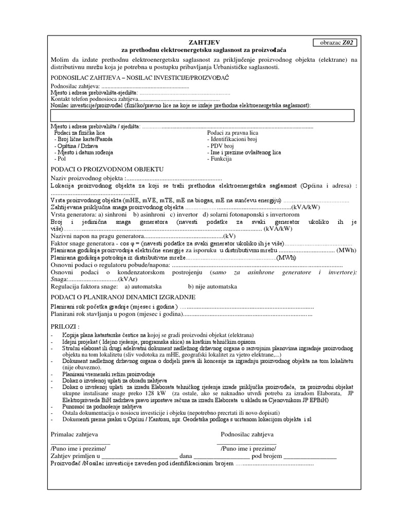 Obrazac Za Z02 - Za Prethodnu Elektroenergetsku Saglasnost | PDF