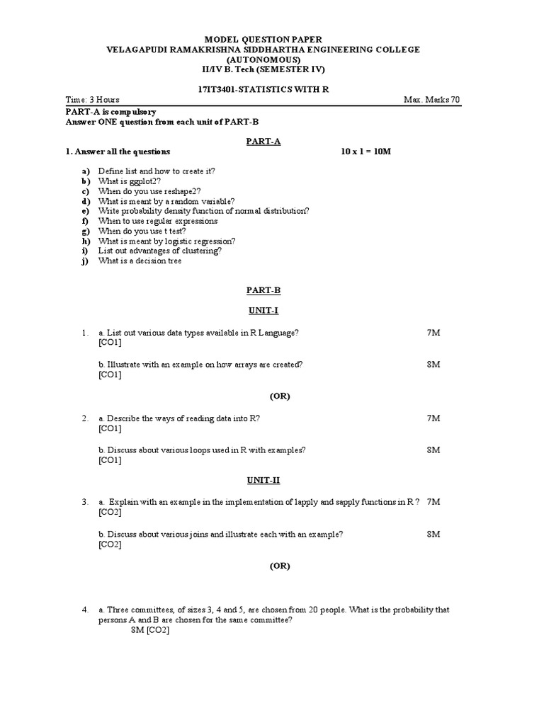 R Programming Statistics Model Paper | PDF | Statistics | Probability ...