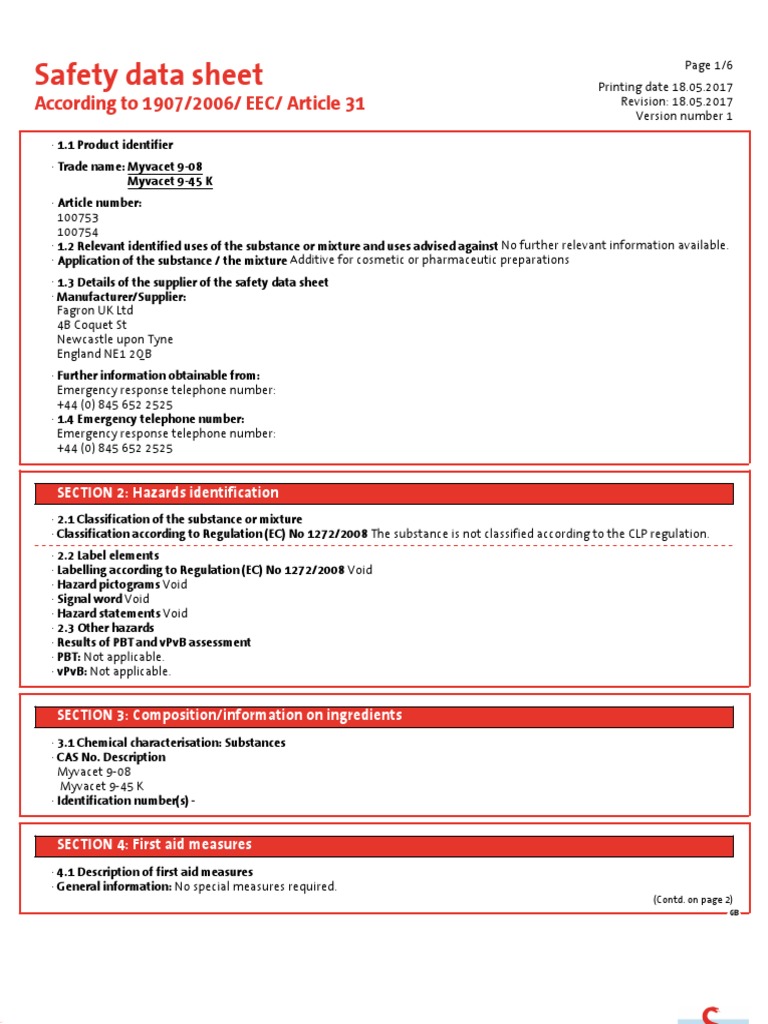 Safety Data Sheet: According To 1907/2006/ EEC/ Article 31 | PDF ...