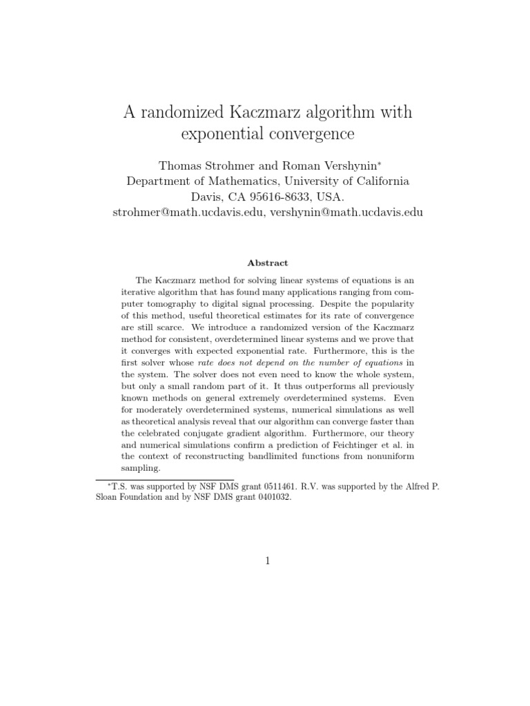 A Randomized Kaczmarz Algorithm With Exponential Convergence Pdf Matrix Mathematics