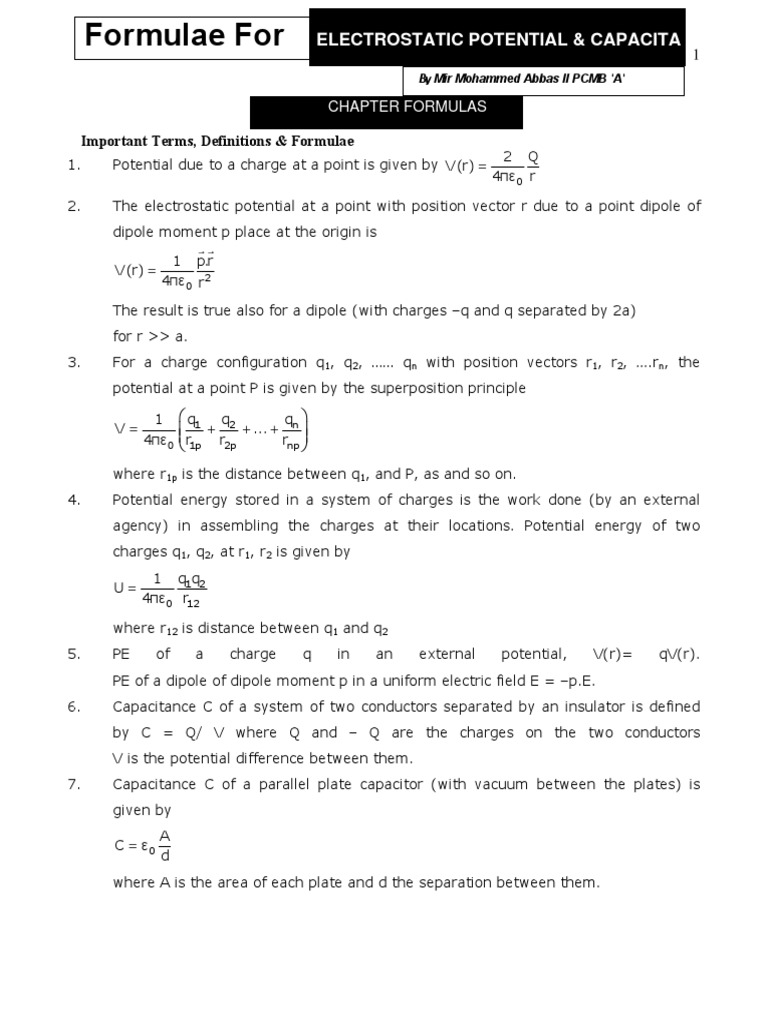 Electrostatic Potential & Capacitance Formulas | PDF | Capacitor ...