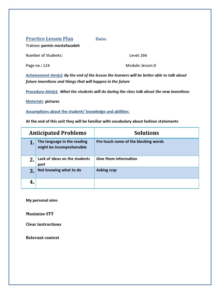 Practice Lesson Plan: Anticipated Problems Solutions 1. 2. 3. 4 | PDF ...
