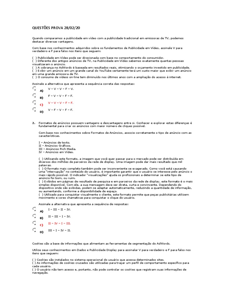 QUESTÕES PROVA 28 Gestão de Campanhas Com o Google Adwords | PDF | Publicidade | YouTube