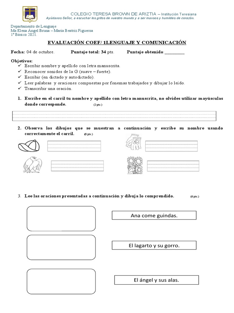 Prueba de Lenguaje: Letra G 1º Básico | PDF | Estudios de idiomas ...