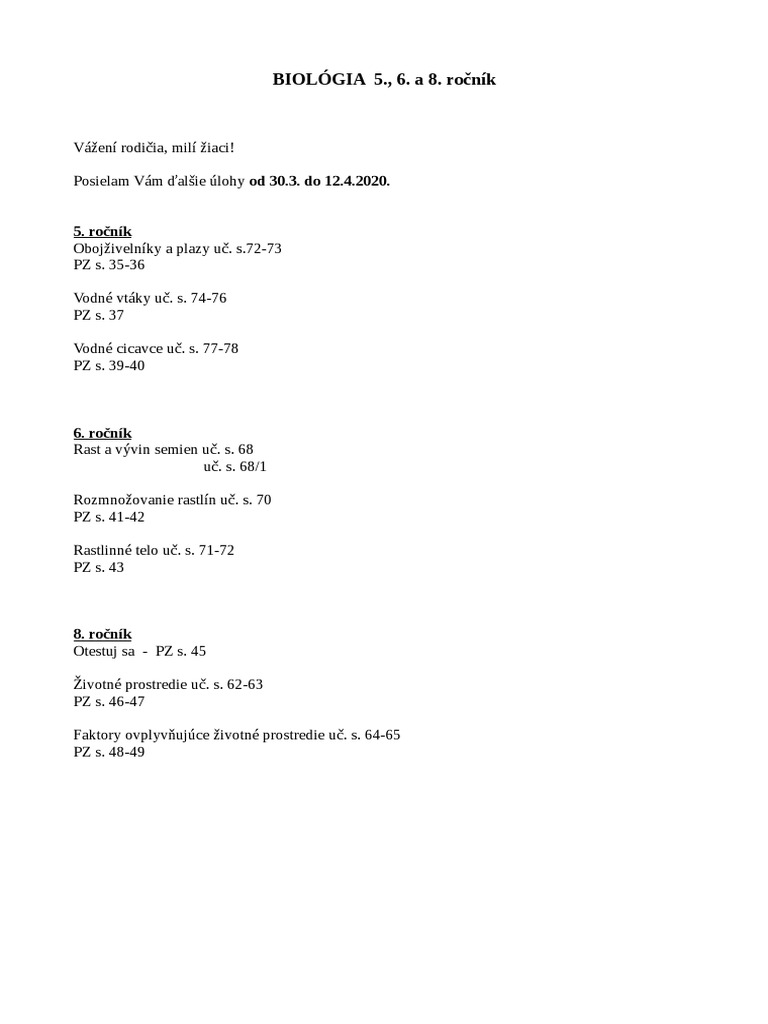 Biologia - 5. 6. A 8. Rocnik - Od 30.3.-12.4.2020 | PDF