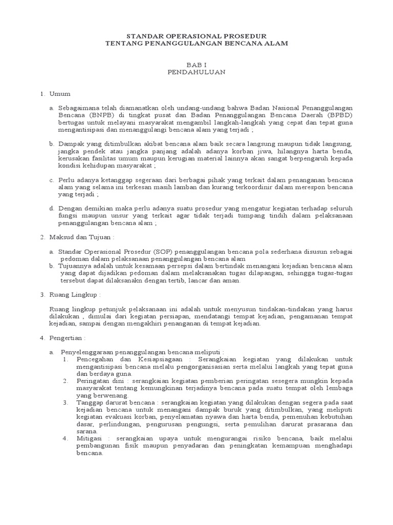 STANDAR OPERASIONAL PROSEDUR PENANGGULANGAN BENCANA ALAM | PDF