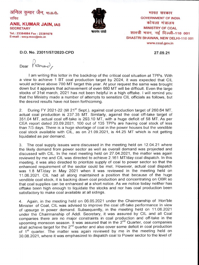 DO Letter To CMD CIL - 0001 | PDF