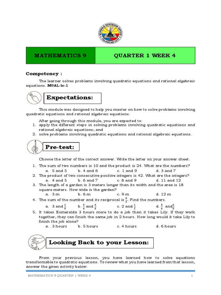 Math 9 Q1 Week 4 | PDF | Equations | Quadratic Equation