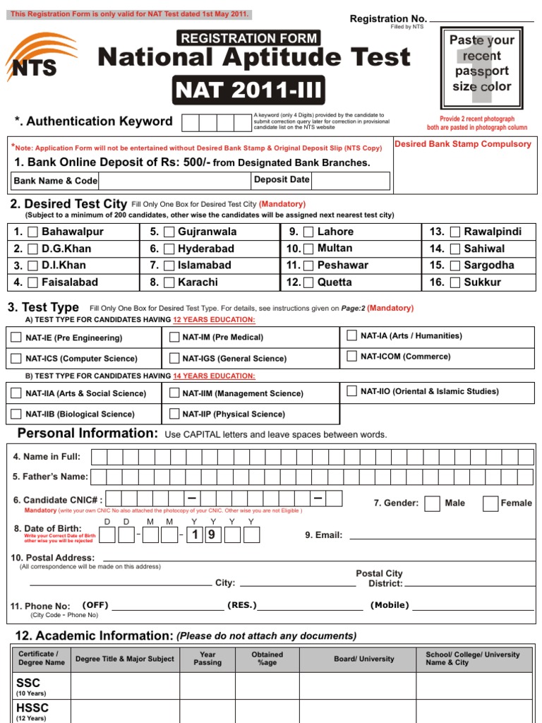 NAT Registration Form for 2011 Test | PDF