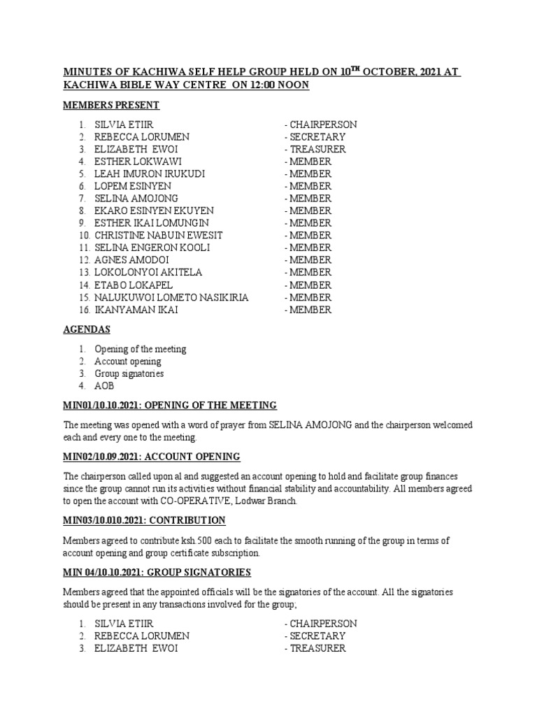 Minutes of Kachiwa Self Help Group Held On 10th October | PDF | Travel ...