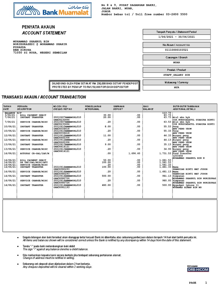 Account Statement: Penyata Akaun | PDF | Debits And Credits | Cheque