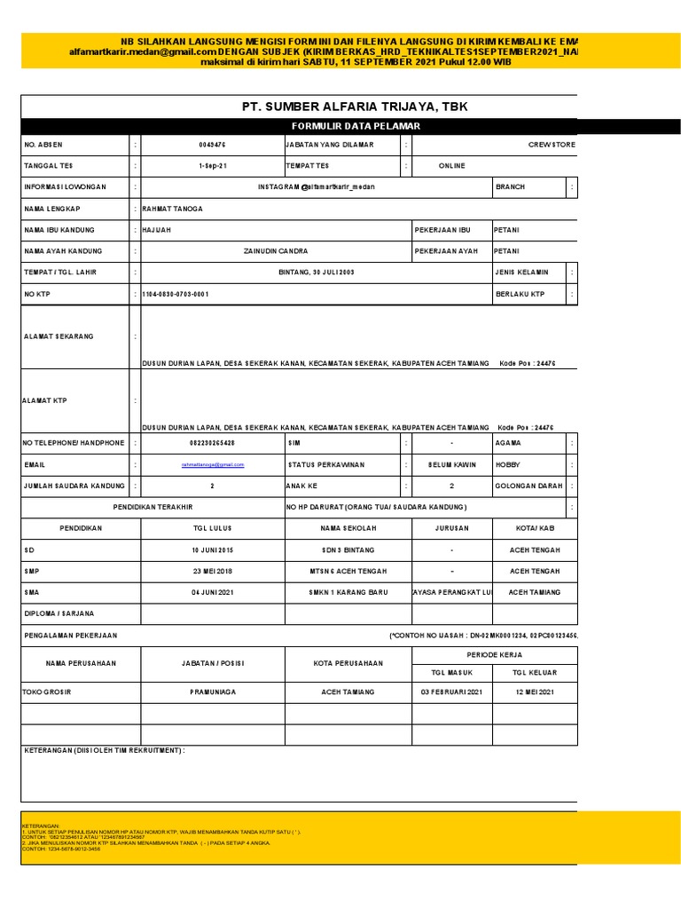 Form Data Pelamar | PDF
