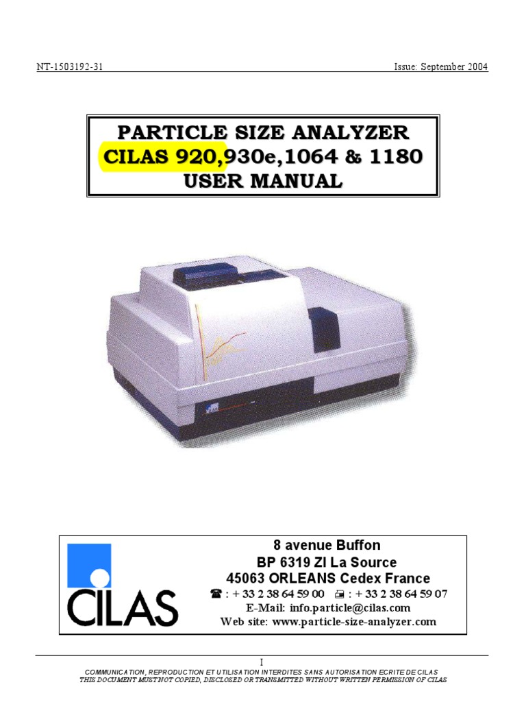 CILAS Particle Size Analyzer Manual | PDF | Diffraction | Mean