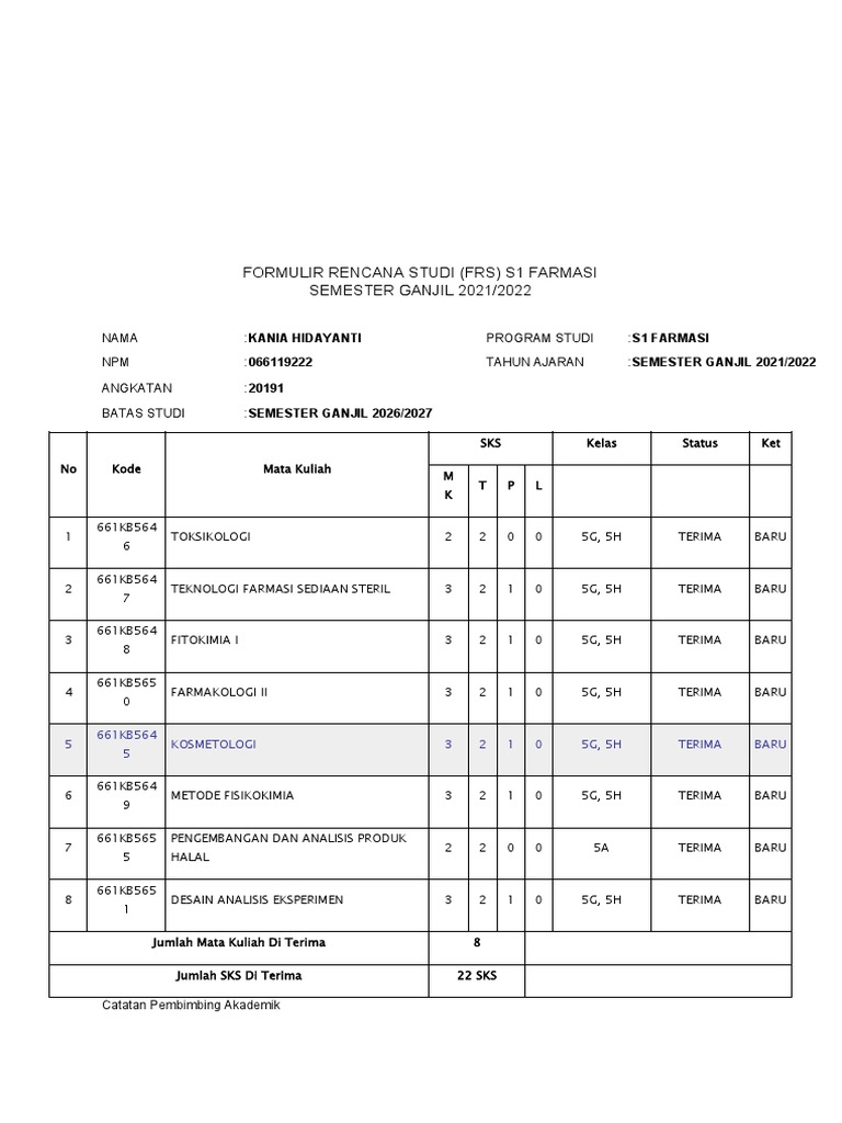 Formulir Rencana Studi (FRS) S1 Farmasi SEMESTER GANJIL 2021/2022 | PDF